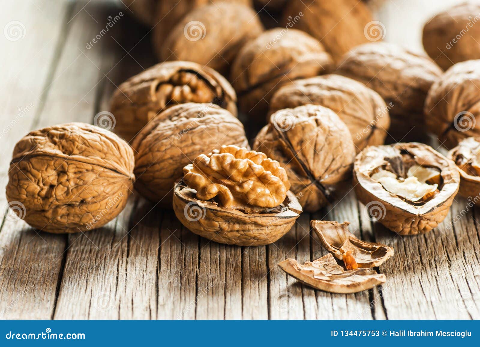 Walnut Kernel with Thin Shell on Wooden Vintage Rustic Backdrop. Fresh ...