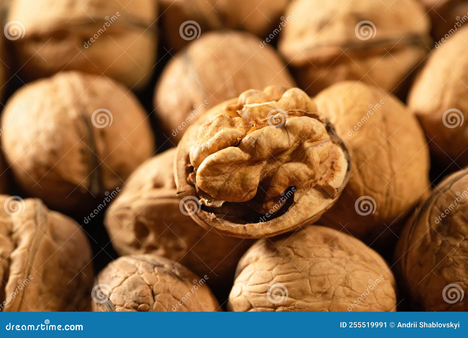 Walnut Kernel and Whole Walnuts Close-up. Background of Fresh Walnuts ...