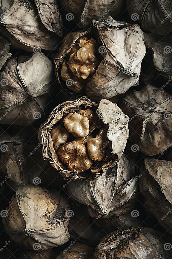 Walnut Kernels Encased in Rustic Shells with Organic Textures and ...