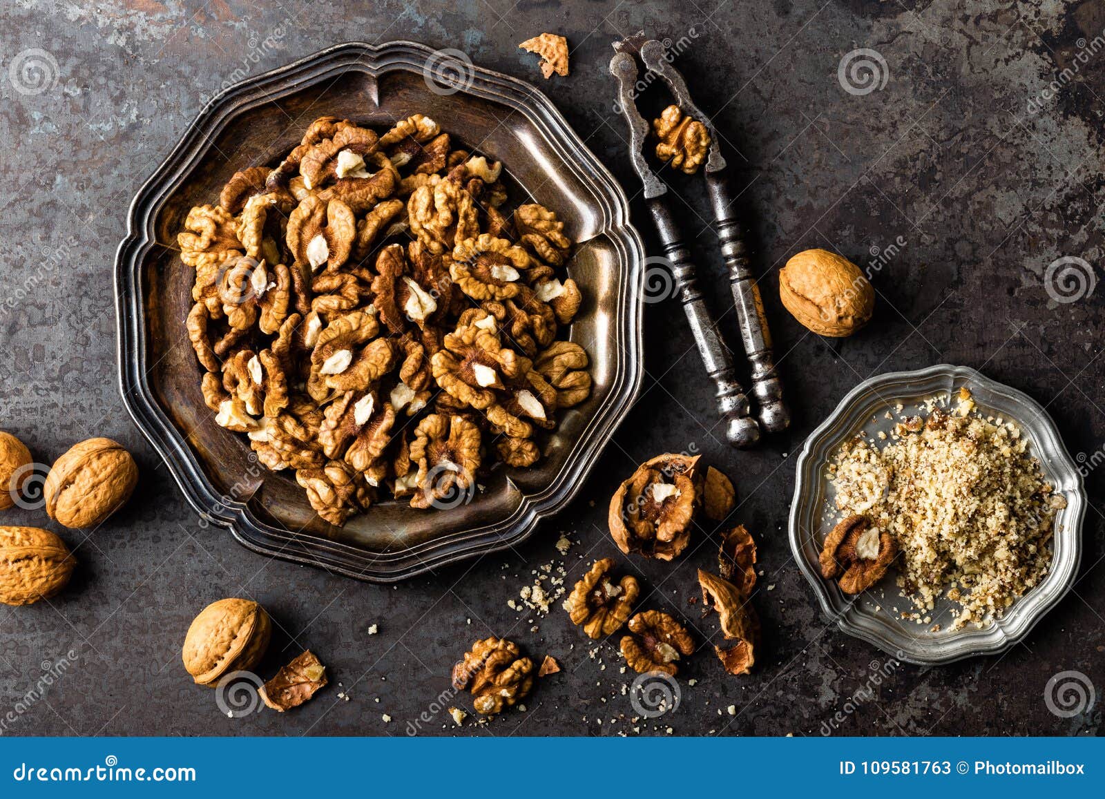 Walnut Kernels and Whole Walnuts on Rustic Old Table Stock Image ...