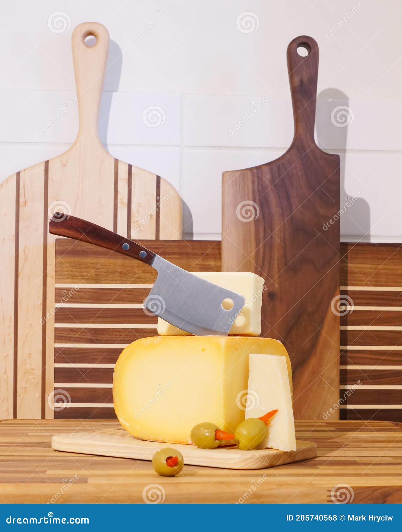 Walnut Maple Cutting Boards Cheese Cheddar Gouda Knife Stock Photo ...