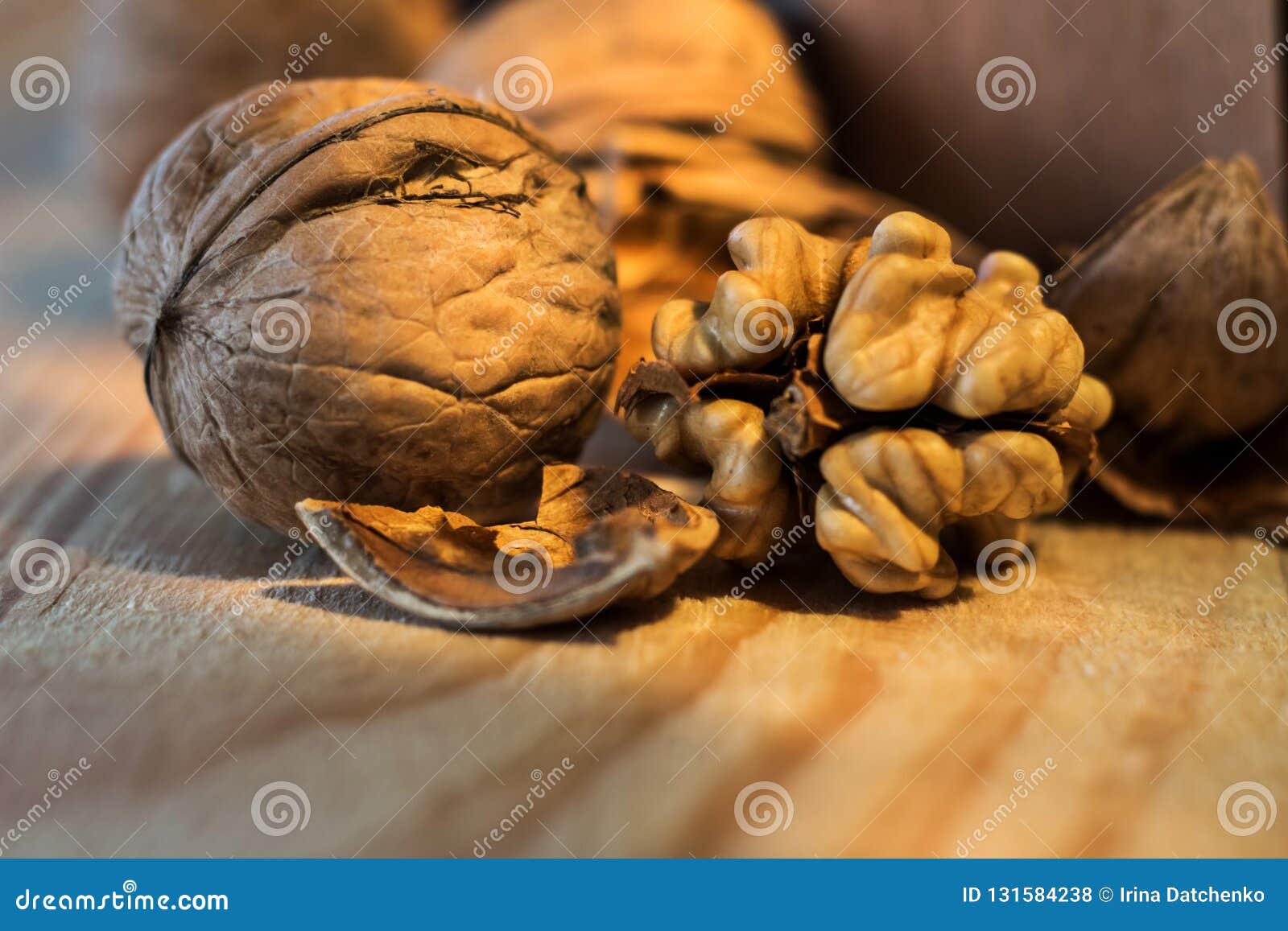 Walnut Peeled and Whole on a Wooden Table Close-up Macro Stock Photo ...
