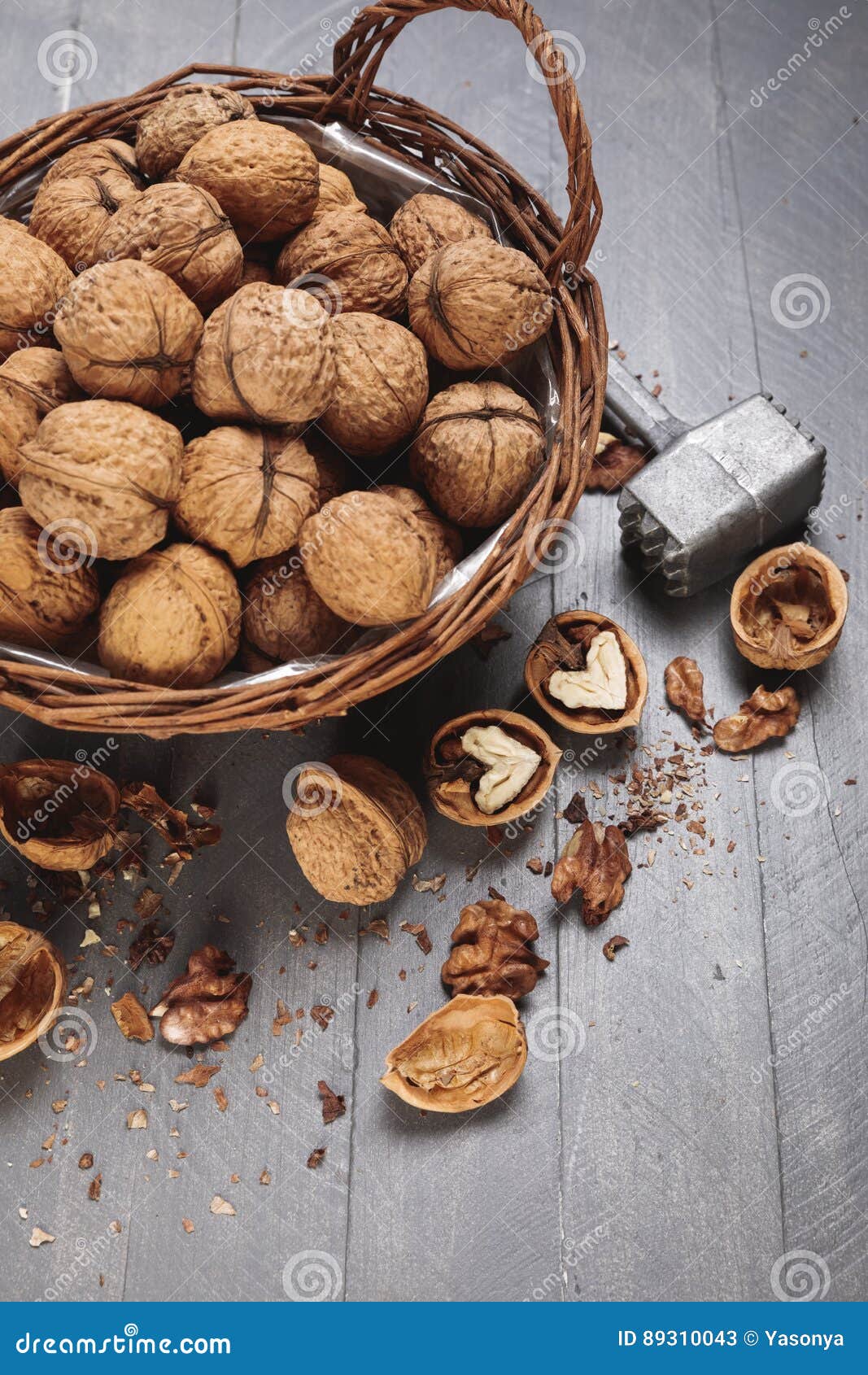 Walnut Top View Wicker Basket on Old Stock Image - Image of rural, dull ...