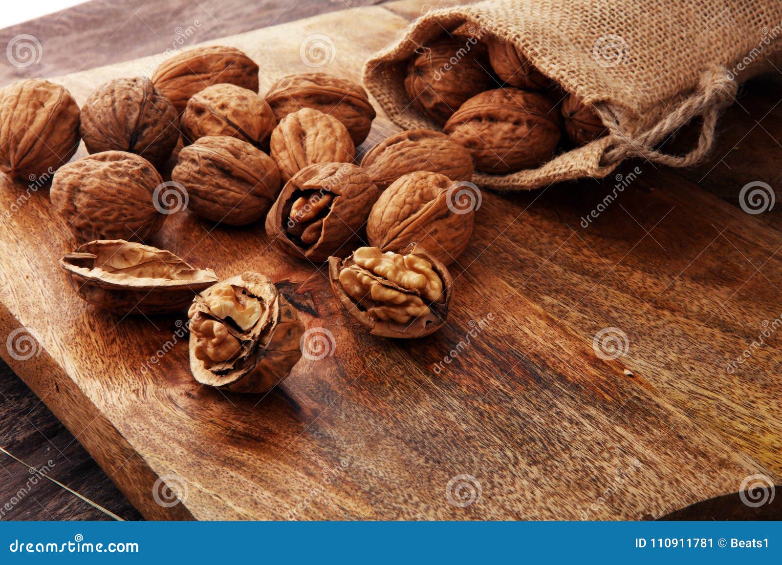 Walnut. Walnut Kernels and Whole Walnuts in Burlap Sack Stock Image ...
