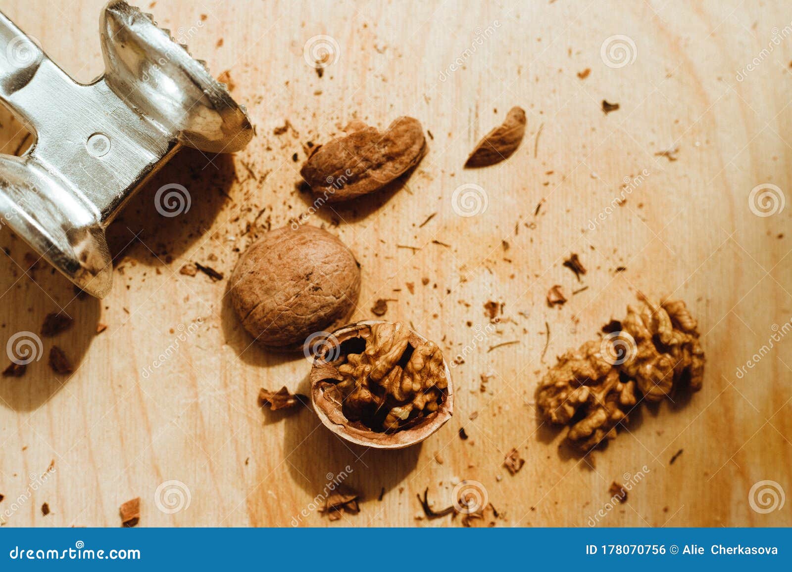 Walnuts, Broken Shells. Nut Kernels on a Wooden Board. Close Up ...