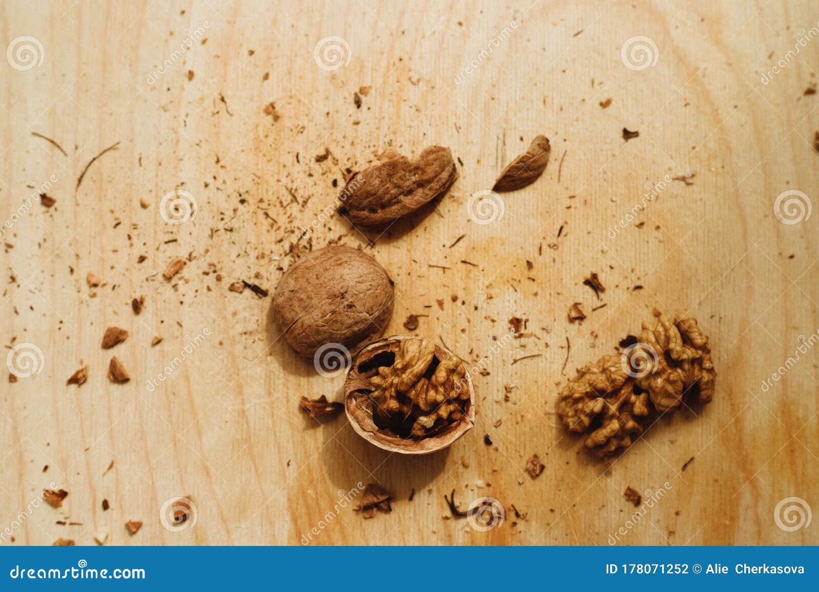 Walnuts, Broken Shells. Nut Kernels on a Wooden Board. Close Up ...