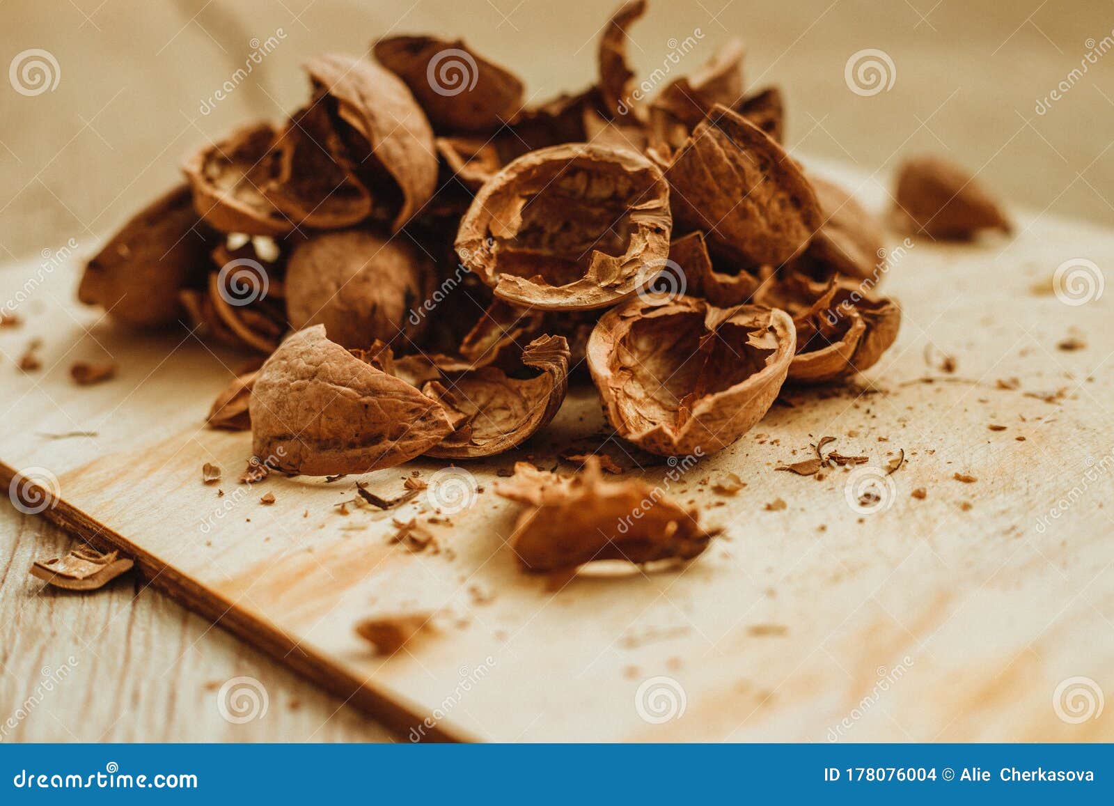 Walnuts, Broken Shells. Nut Kernels on a Wooden Board. Close Up ...