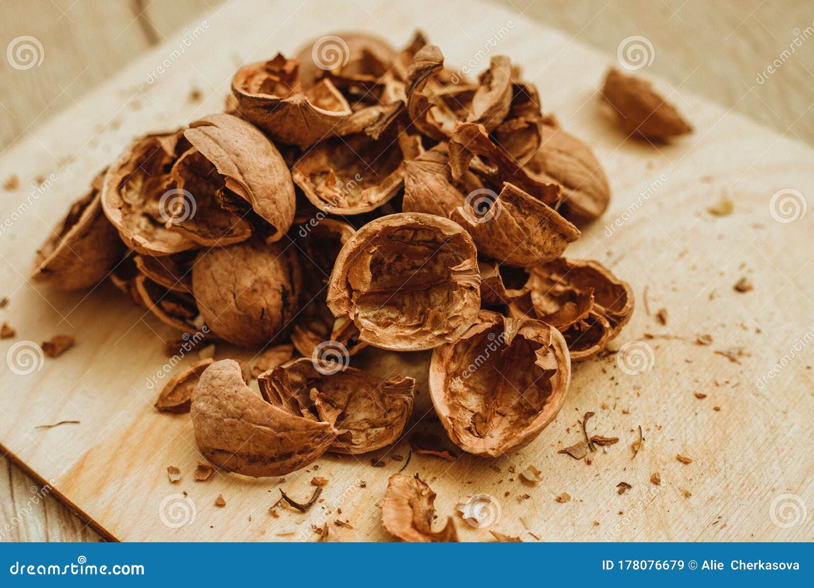 Walnuts, Broken Shells. Nut Kernels on a Wooden Board. Close Up ...