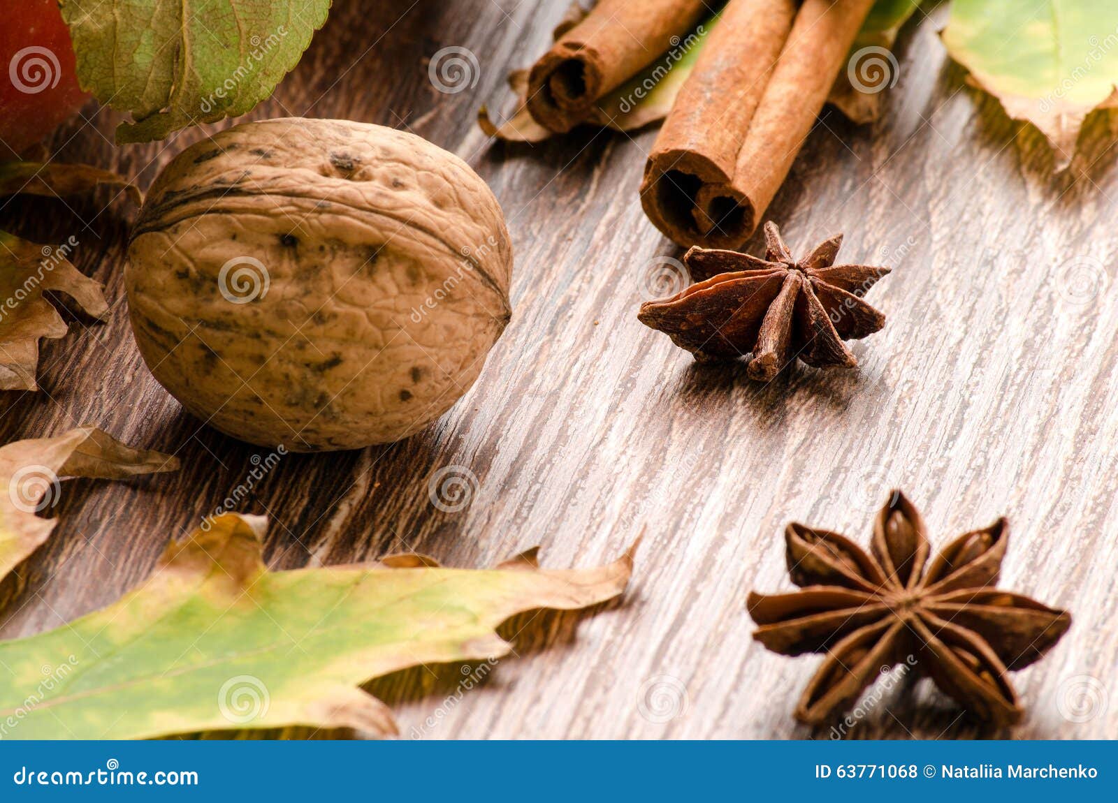 Walnuts, Cinnamon Sticks, Star Anise and Autumn Leaves Stock Photo ...