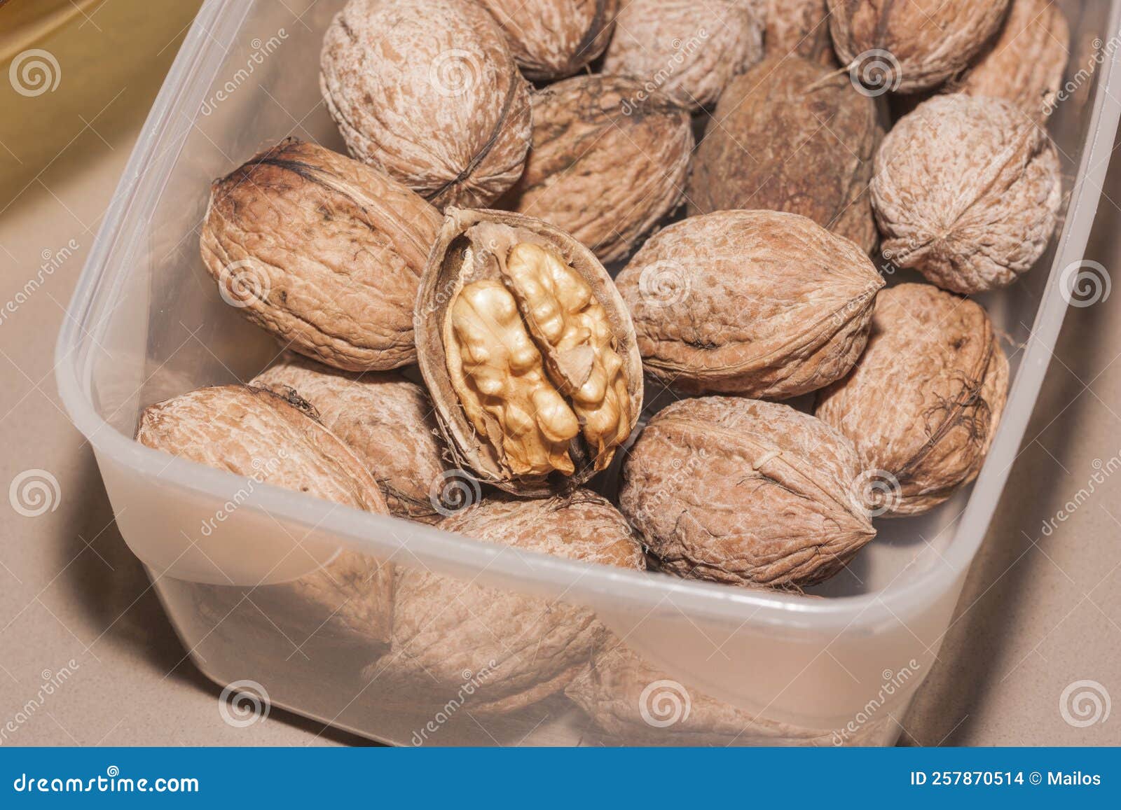 Walnuts in a Clear Plastic Container. To Mean a Concept. Stock Photo ...