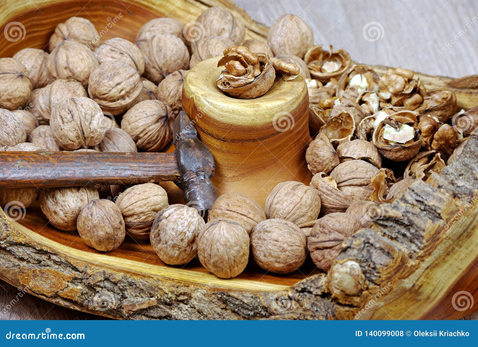 Walnuts Close-up. Nut Chopping Board. Walnuts on the Board and Hammer ...