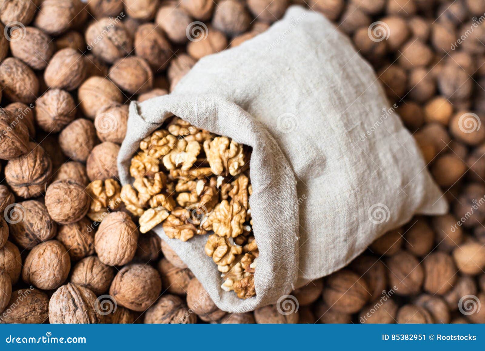Walnuts Kernels in the Sack on the Pile of Walnuts Stock Image - Image ...