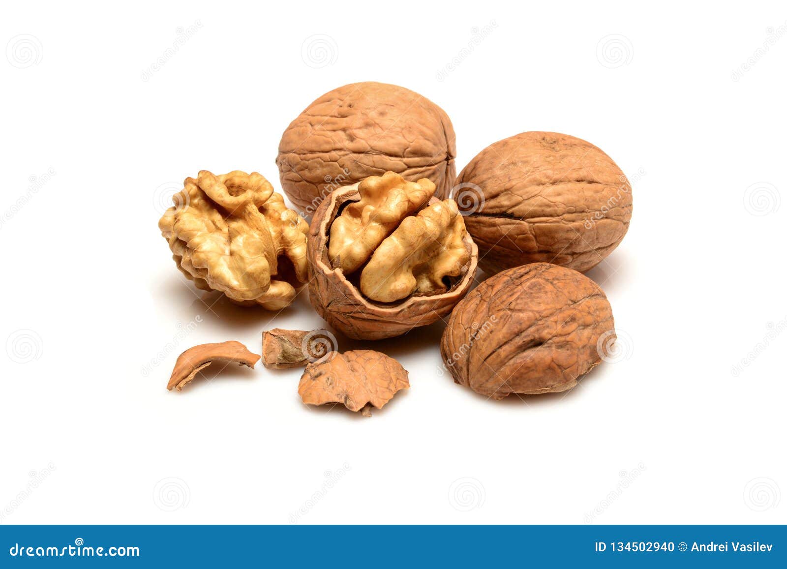 Walnuts and Kernels, Two Whole Walnuts, Kernels and Shell Pieces, Close ...
