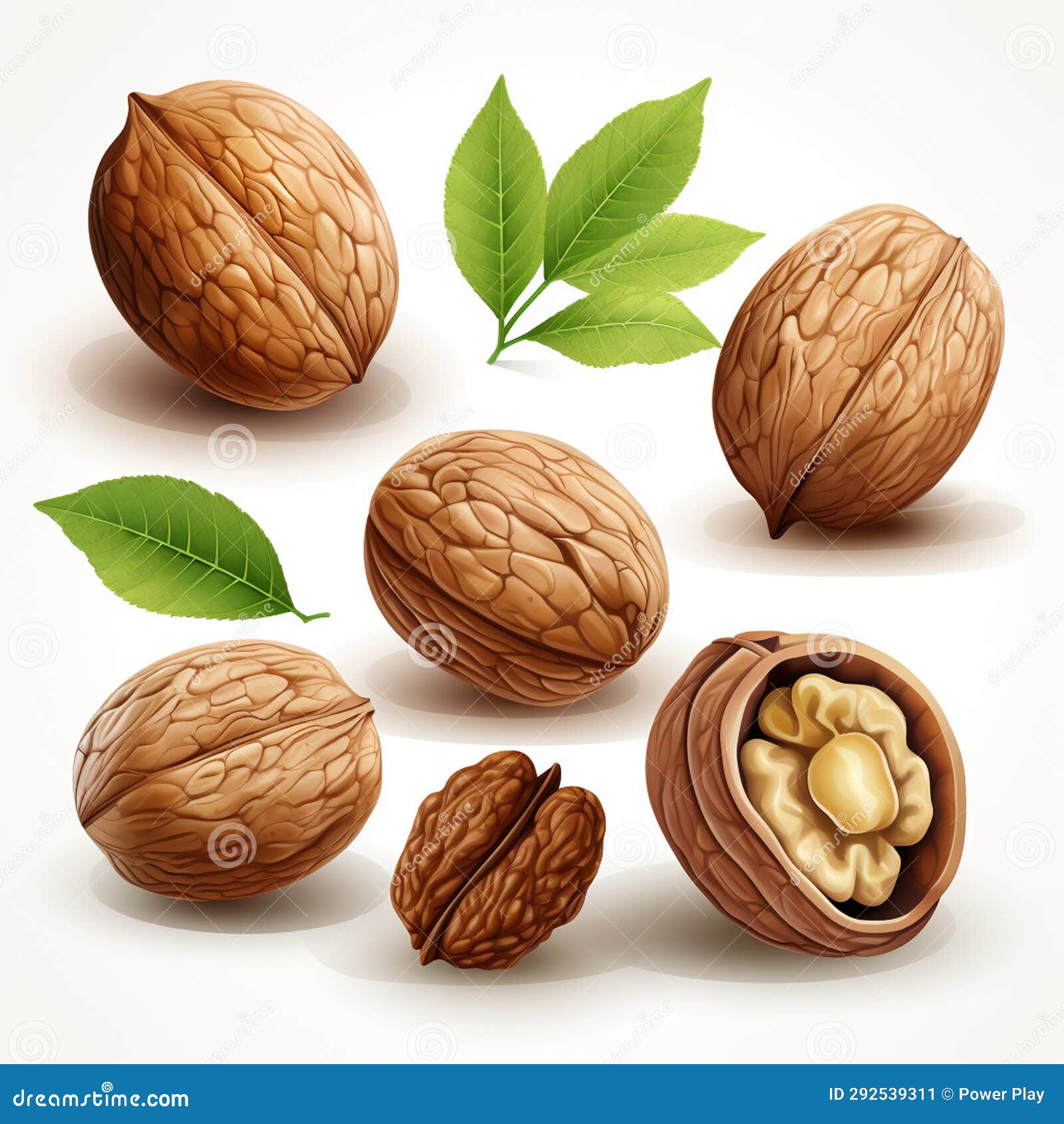 Walnuts with Leaves Isolated on White Background. Realistic Vector ... Walnuts with Leaves Isolated on White Background. Realistic Vector ...
