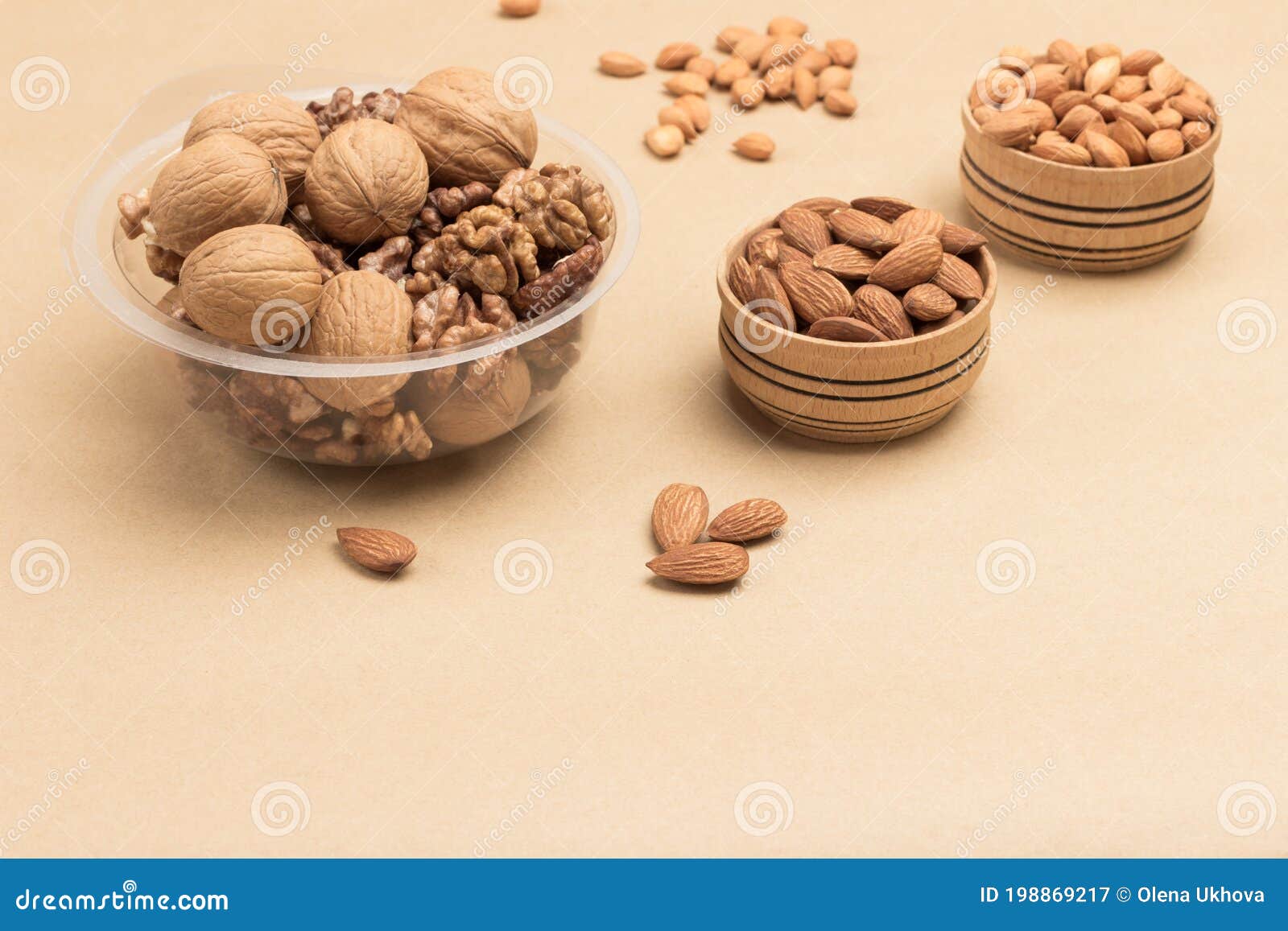 Walnuts in Plastic Containers. Nuts in Wooden Boxes Stock Image - Image ...