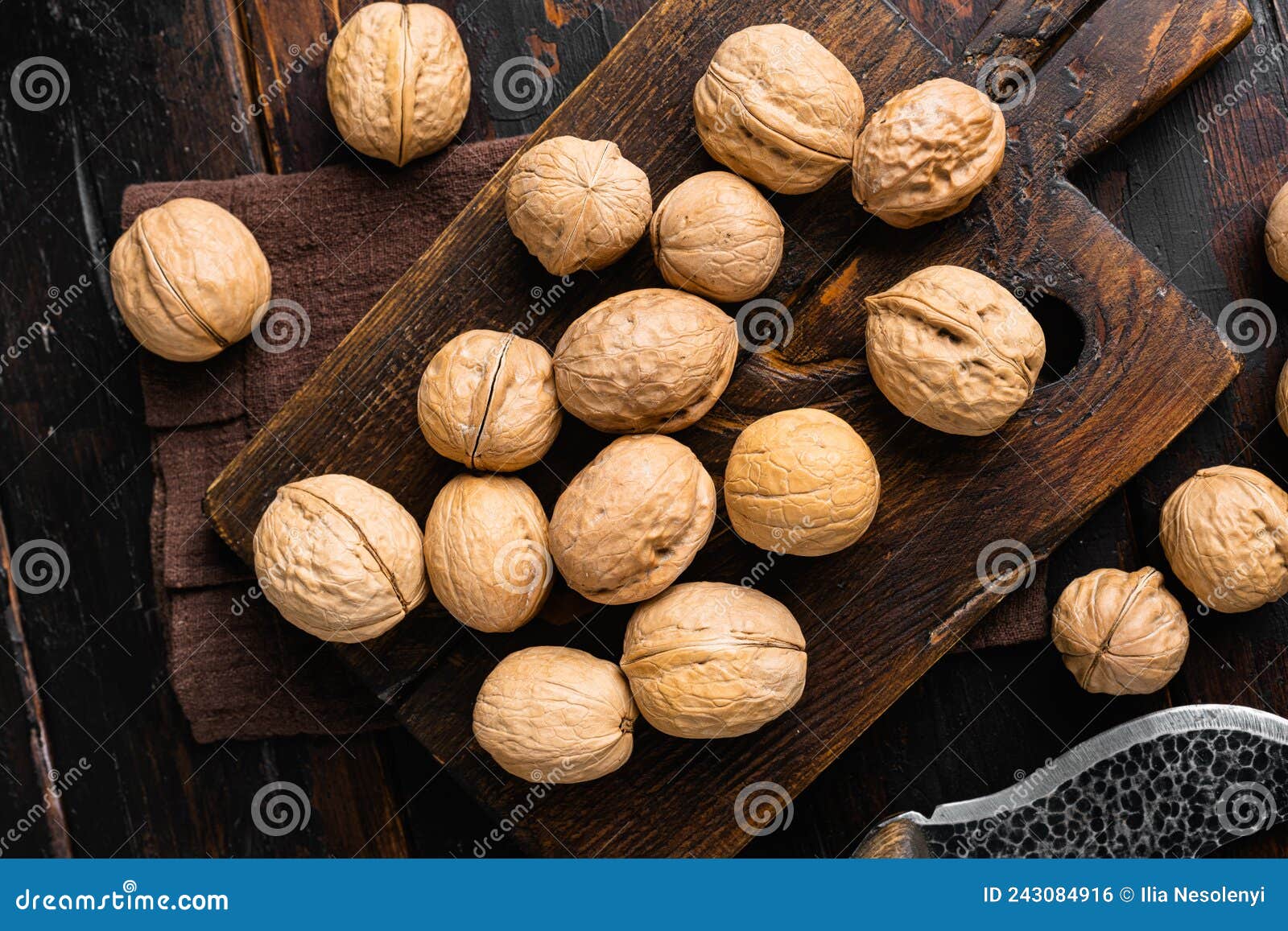 Walnuts with Shells, on Old Dark Wooden Table Background, Top View Flat ...