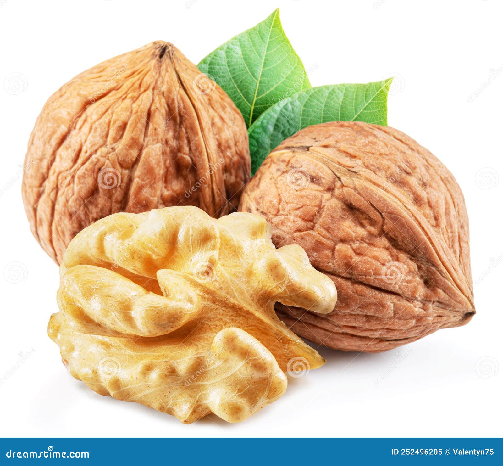 Walnuts, Walnut Kernel and Green Leaves Isolated on White Background ...