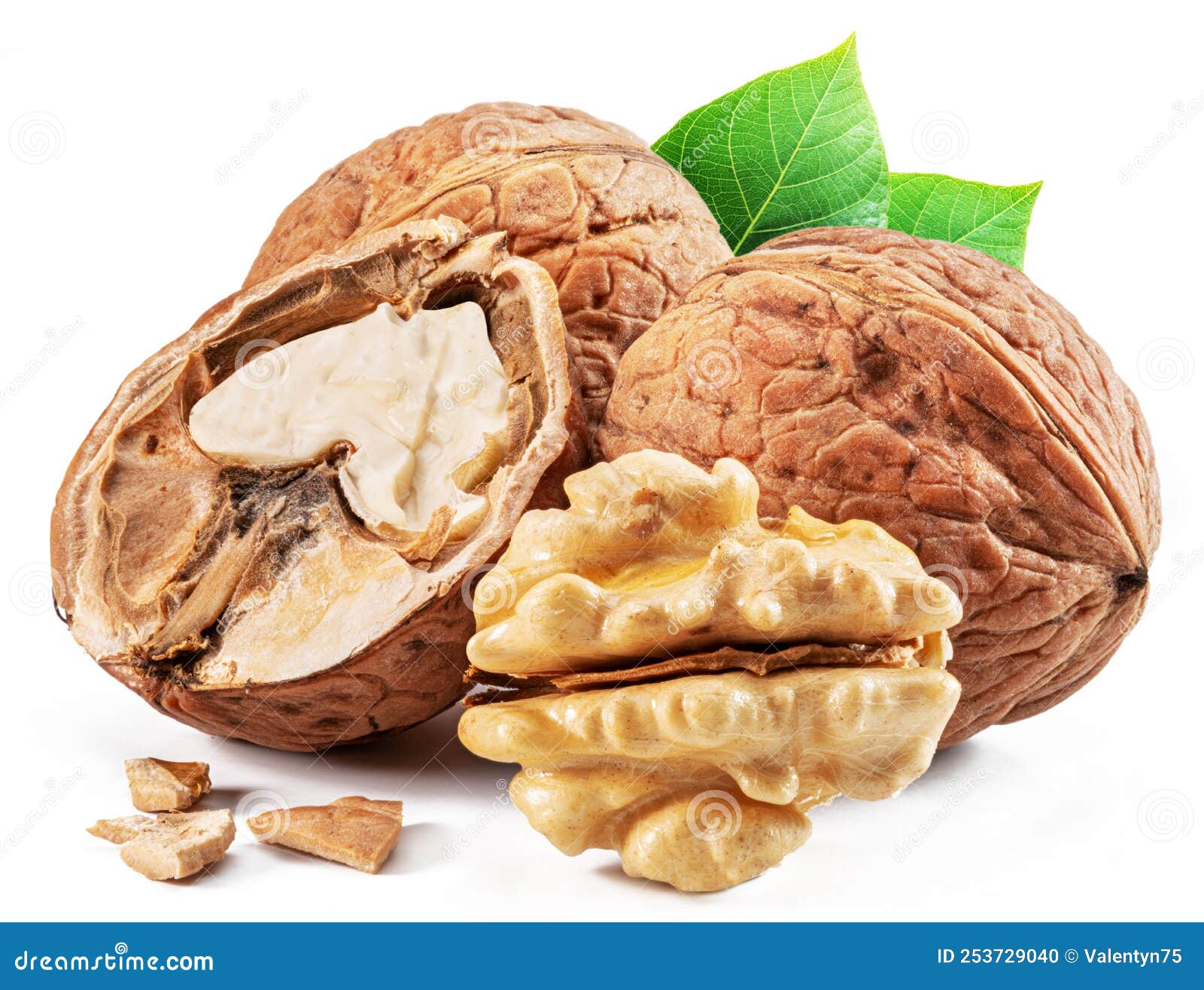 Walnuts, Walnut Kernel and Green Leaves Isolated on White Background ...