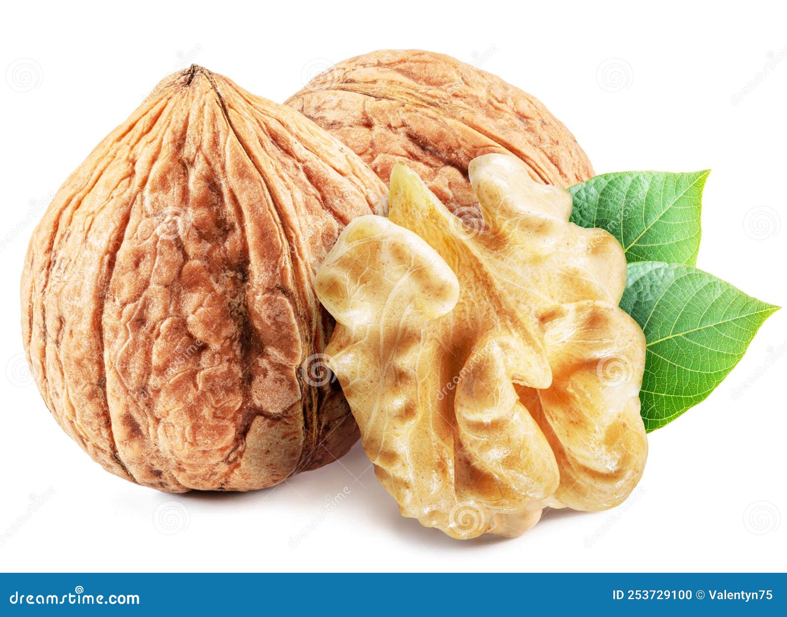 Walnuts, Walnut Kernel and Green Leaves Isolated on White Background ...