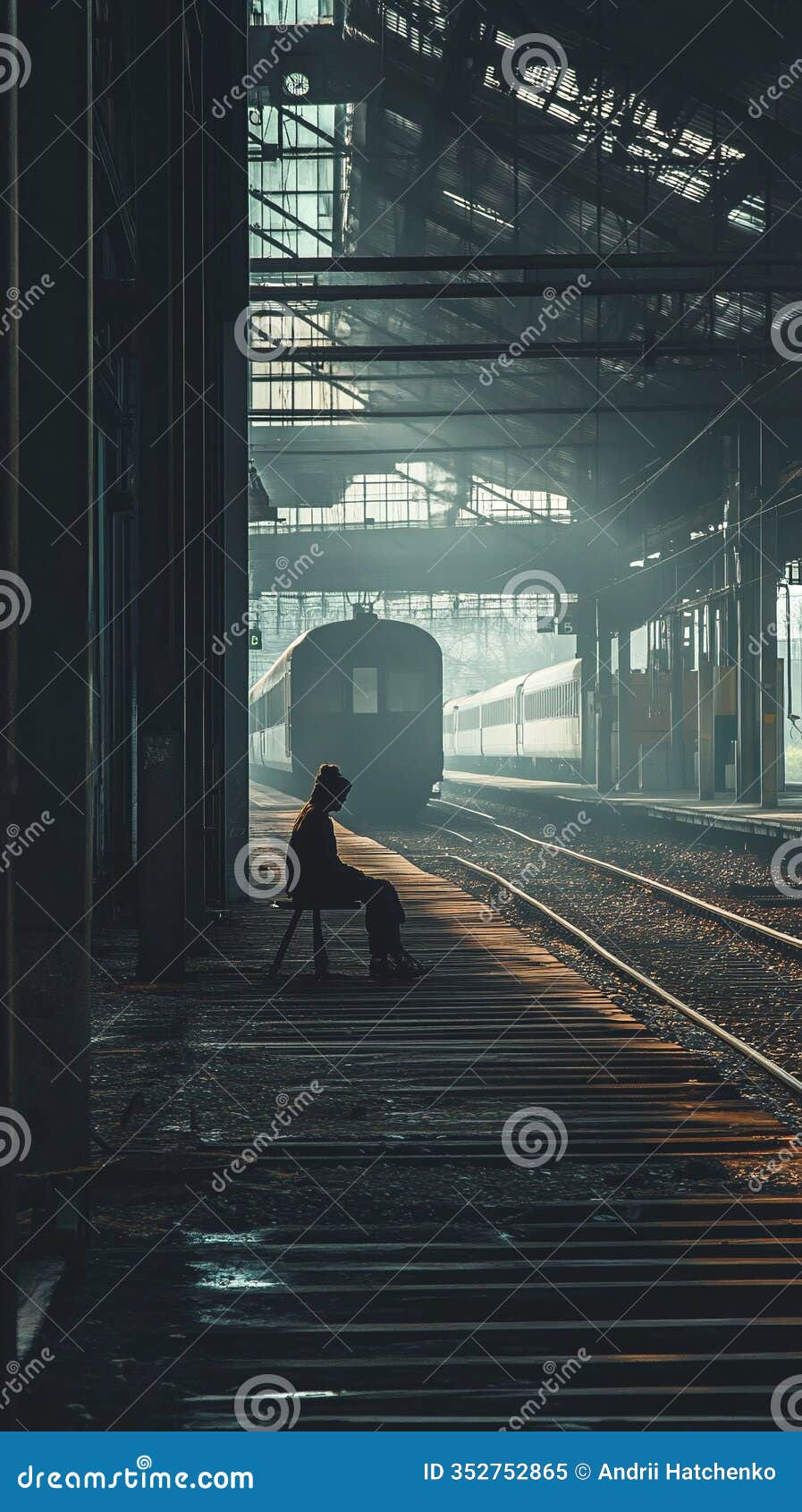 Wanderer Sitting Alone In A Rustic Train Station Surrounded By The Hum ...