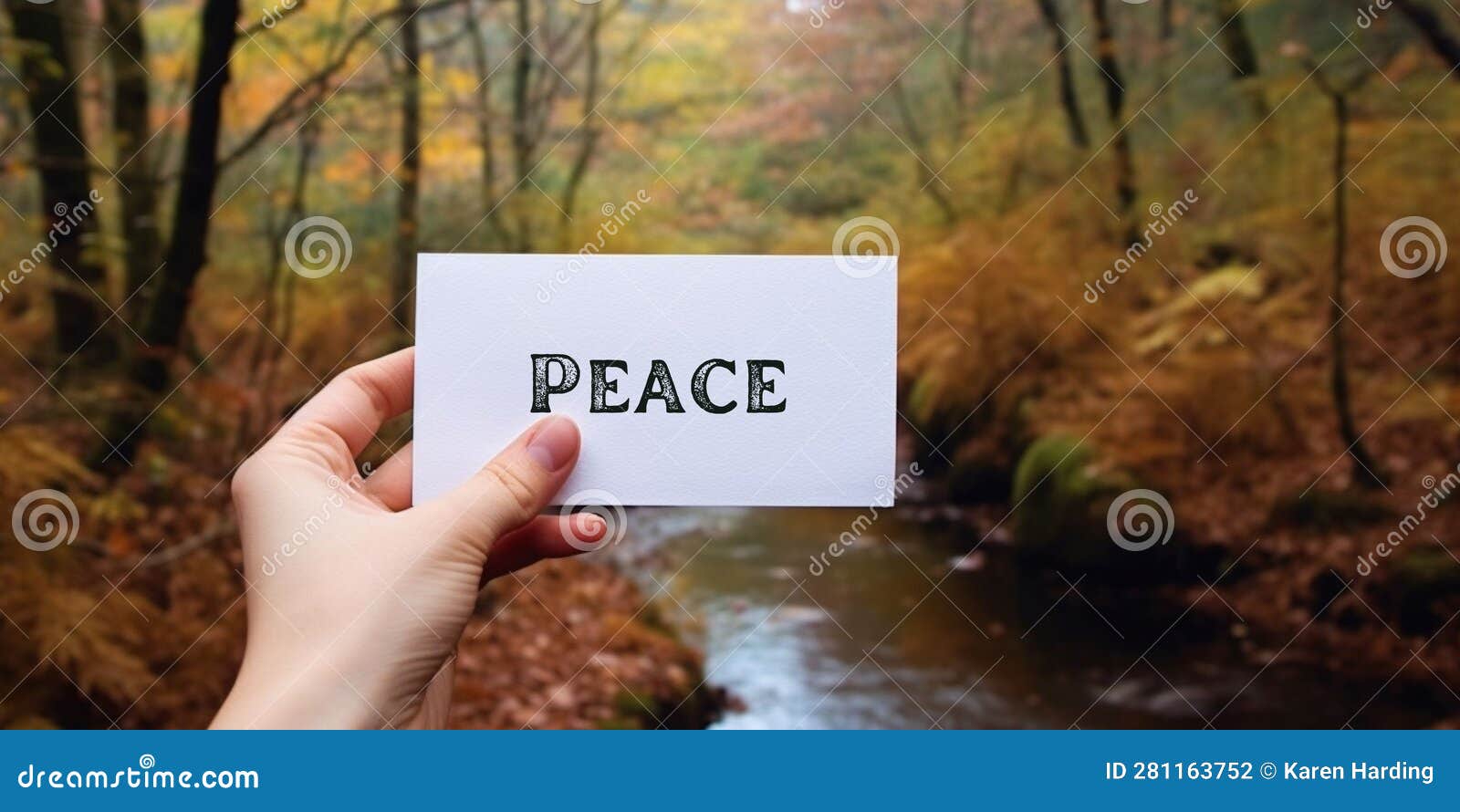 Motivational Inspiring Hand Holding Word Card Peace in Woods Stock ...