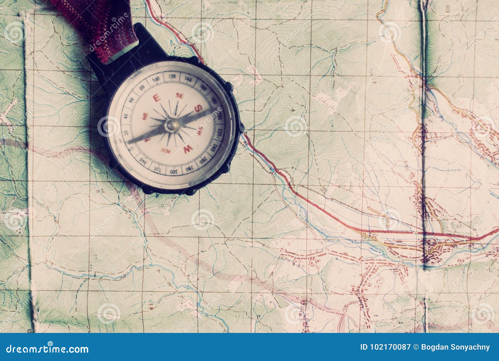 Wanderlust and Explore Concept, Old Compass Lying on Map, Top Vi Stock ...