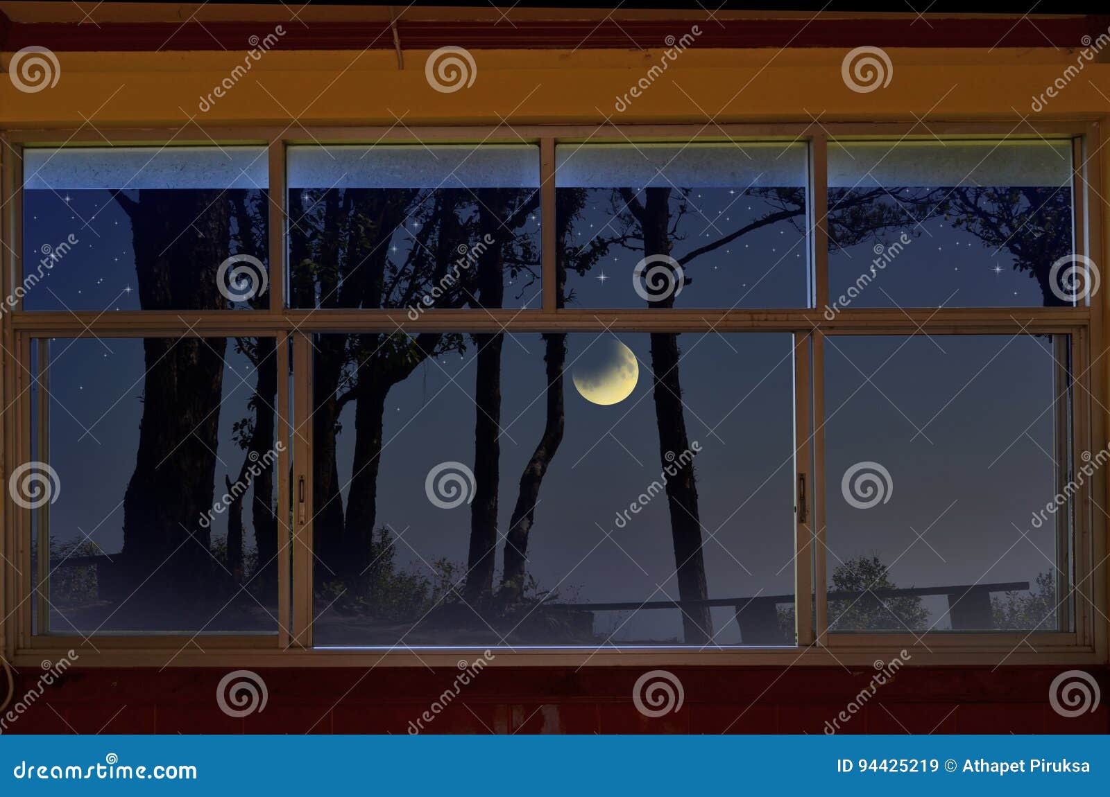 Waning Moon with Stars in Window View Stock Image - Image of moonlight ...
