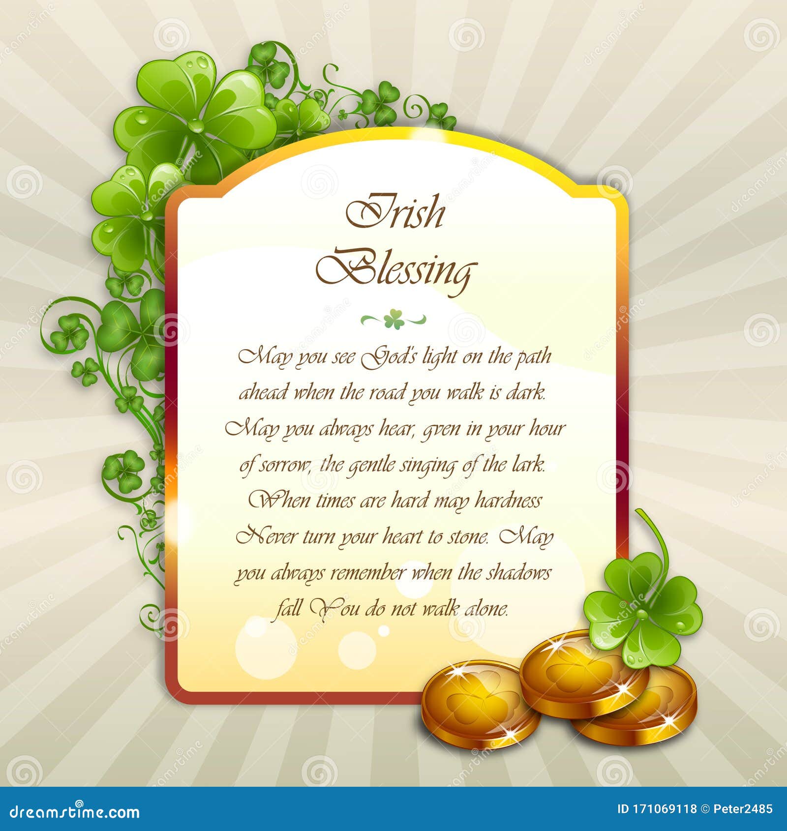 March 17 St. Patrick`s Day Irish Blessing Shamrocks and Gold Coins ...