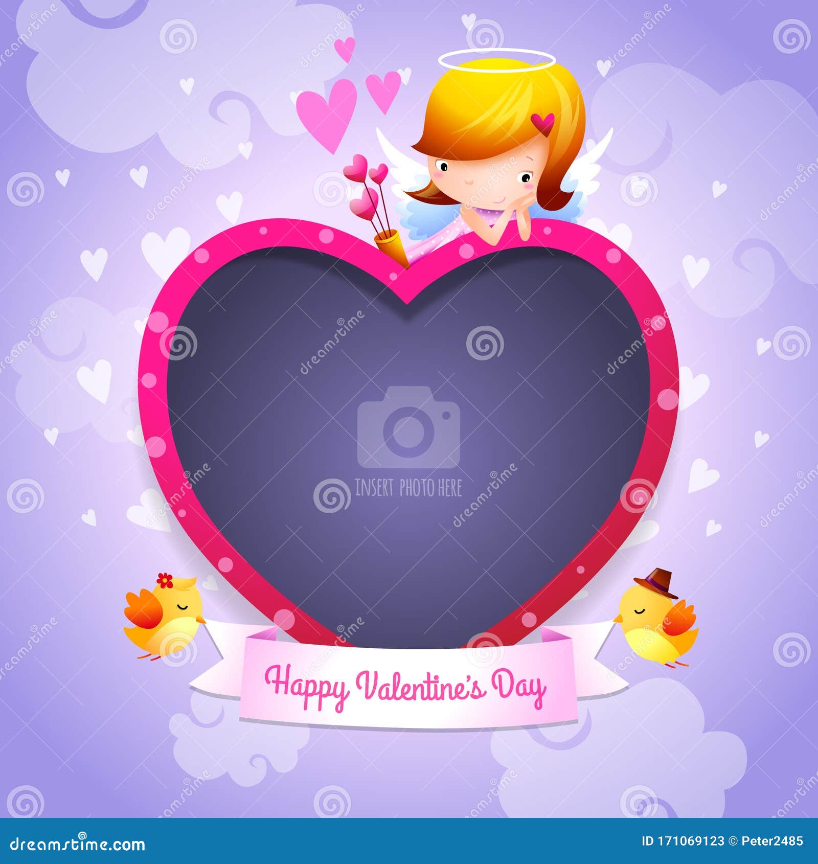 Happy Valentine`s Day Cupid Angel with Heart-Shaped Photo Frame Stock ...