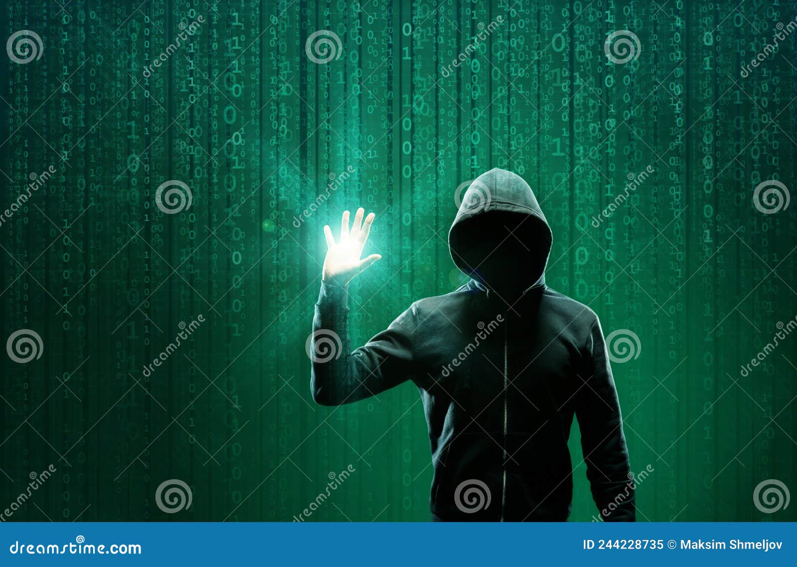 Wanted Hacker is Coding Virus Ransomware Using Abstract Binary Code. Cyberattack, System ...