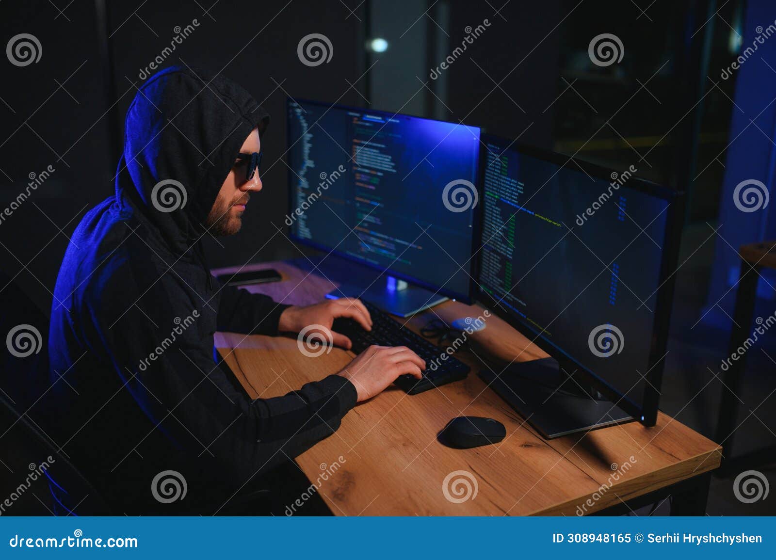 Wanted Hackers Coding Virus Ransomware Using Laptops and Computers. Cyber Attack, System ...