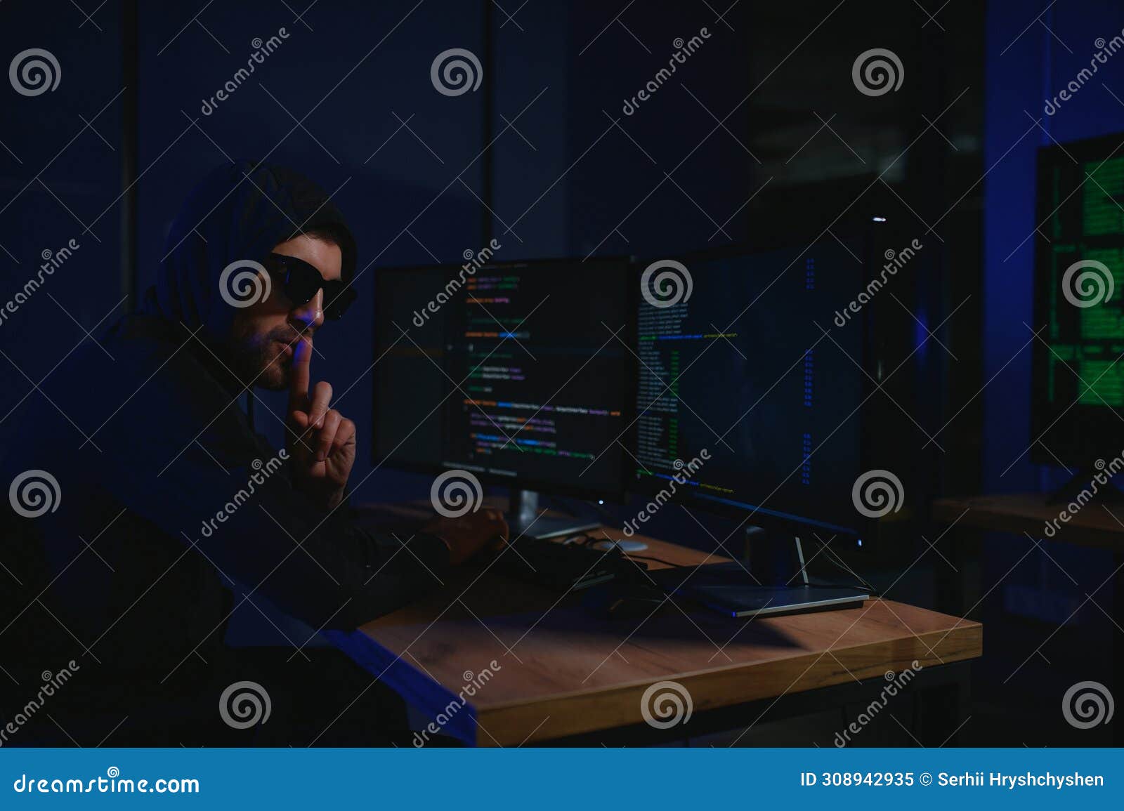 Wanted Hackers Coding Virus Ransomware Using Laptops and Computers. Cyber Attack, System ...