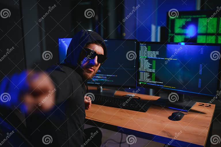 Wanted Hackers Coding Virus Ransomware Using Laptops and Computers. Cyber Attack, System ...