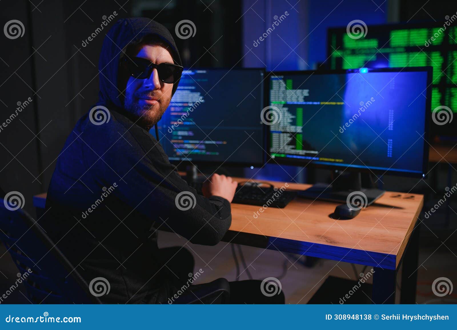 Wanted Hackers Coding Virus Ransomware Using Laptops and Computers. Cyber Attack, System ...