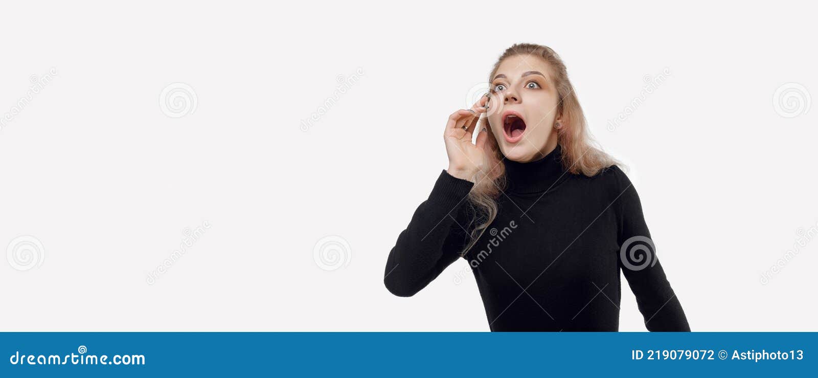 She Wants To Be Heard Young Woman In Casual Black Clothes Holds Hand
