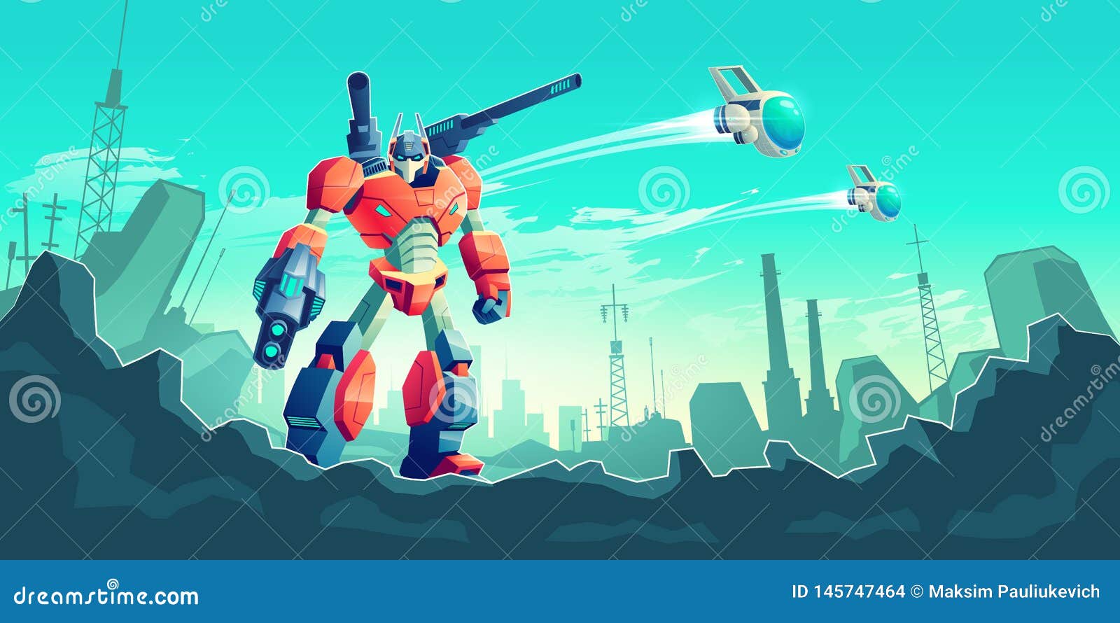 War with Alien Robots Cartoon Vector Concept Stock Vector ...