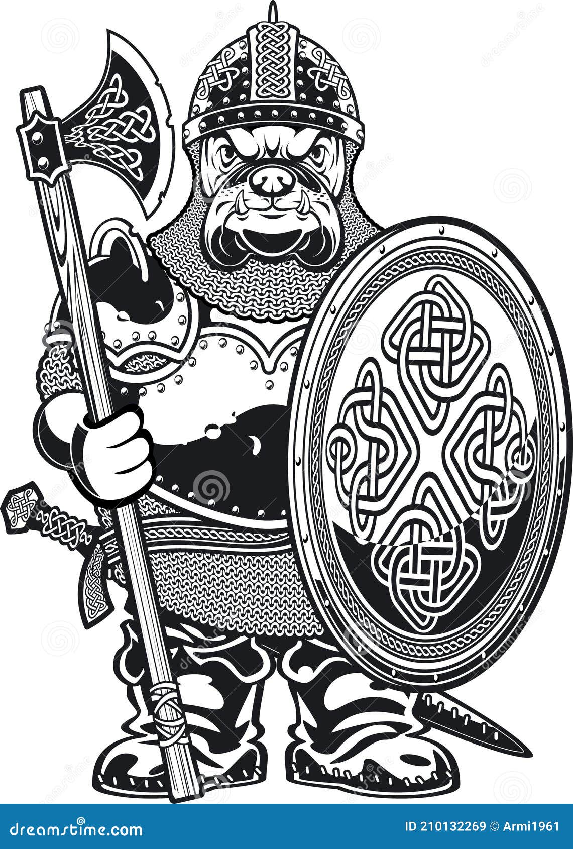 War Dog in Chain Mail and Armor Holding Battle Axe and Shield Stock ...