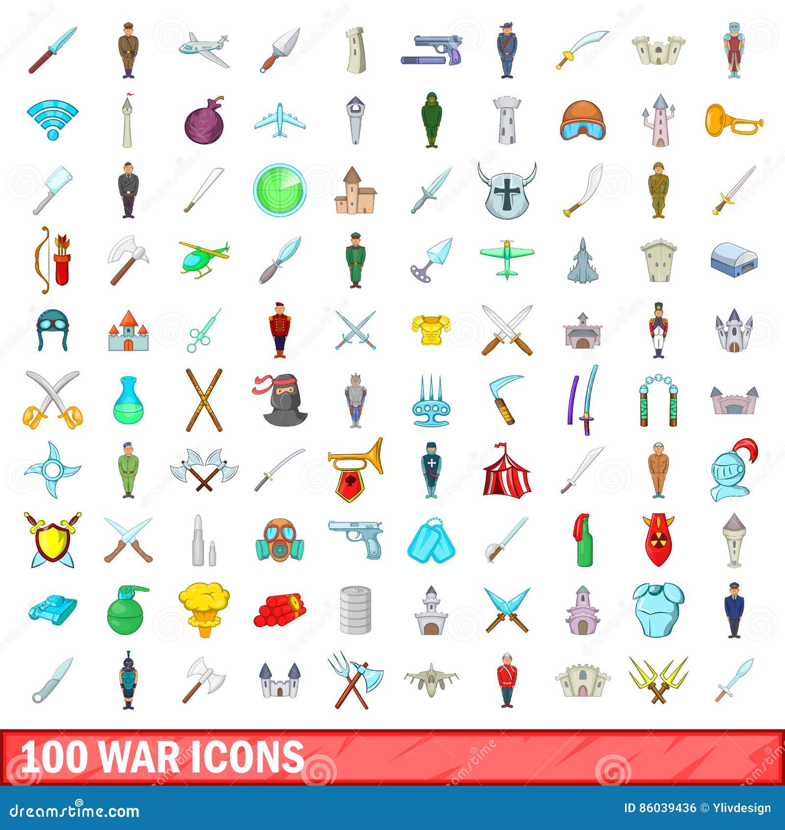 100 War Icons Set, Cartoon Style Stock Vector - Illustration of icons ...