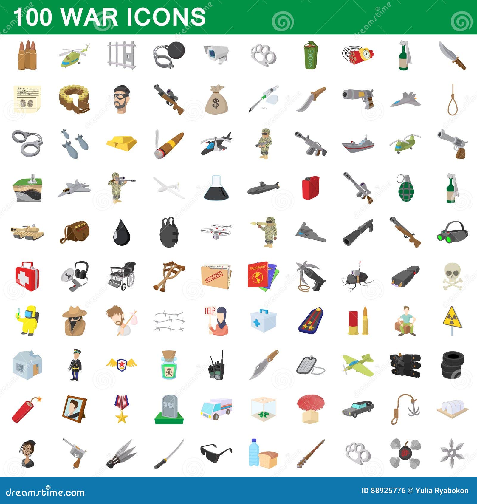 100 War Icons Set, Cartoon Style Stock Vector - Illustration of agent ...