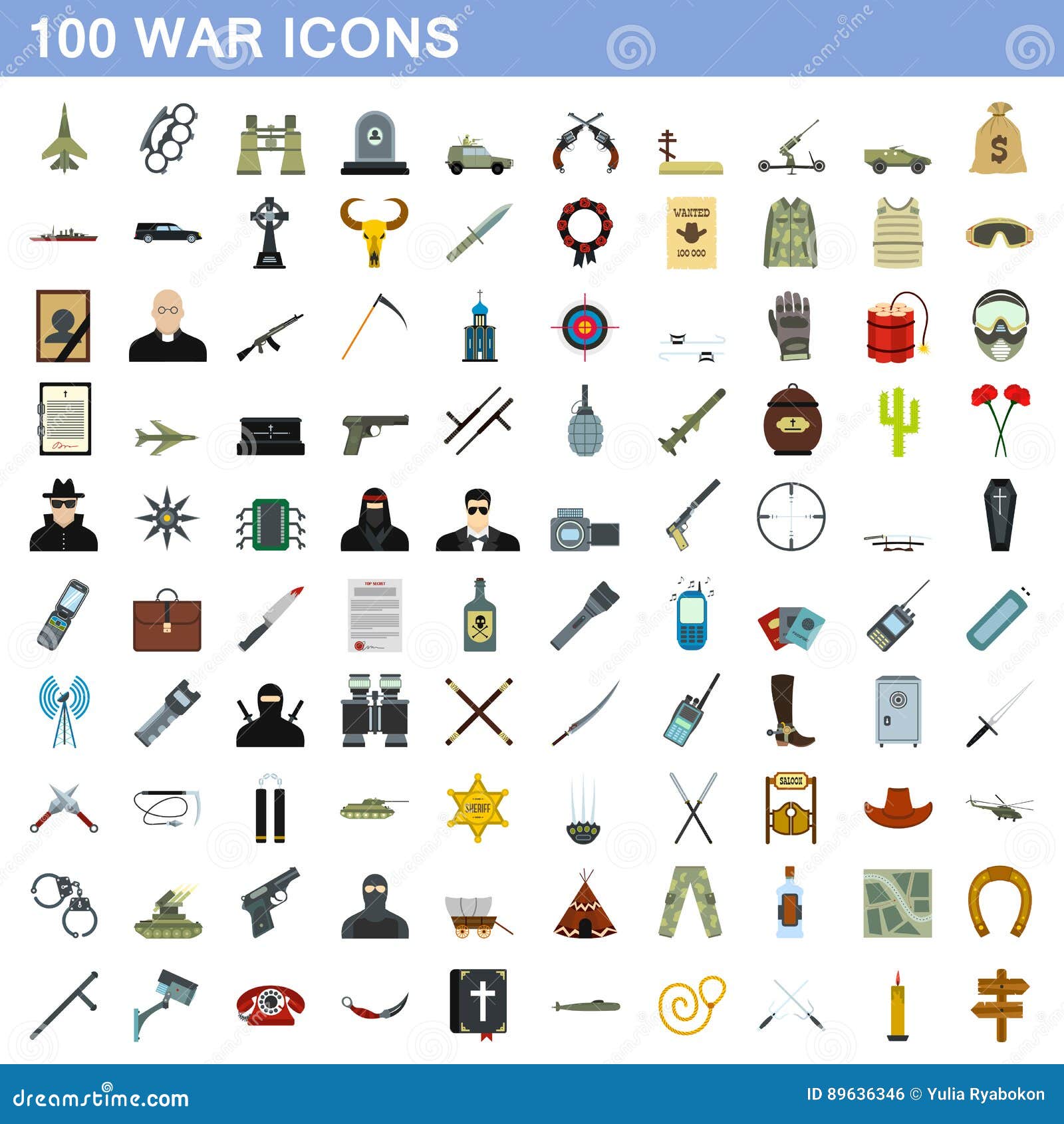 100 War Icons Set, Flat Style Stock Vector - Illustration of fighter ...