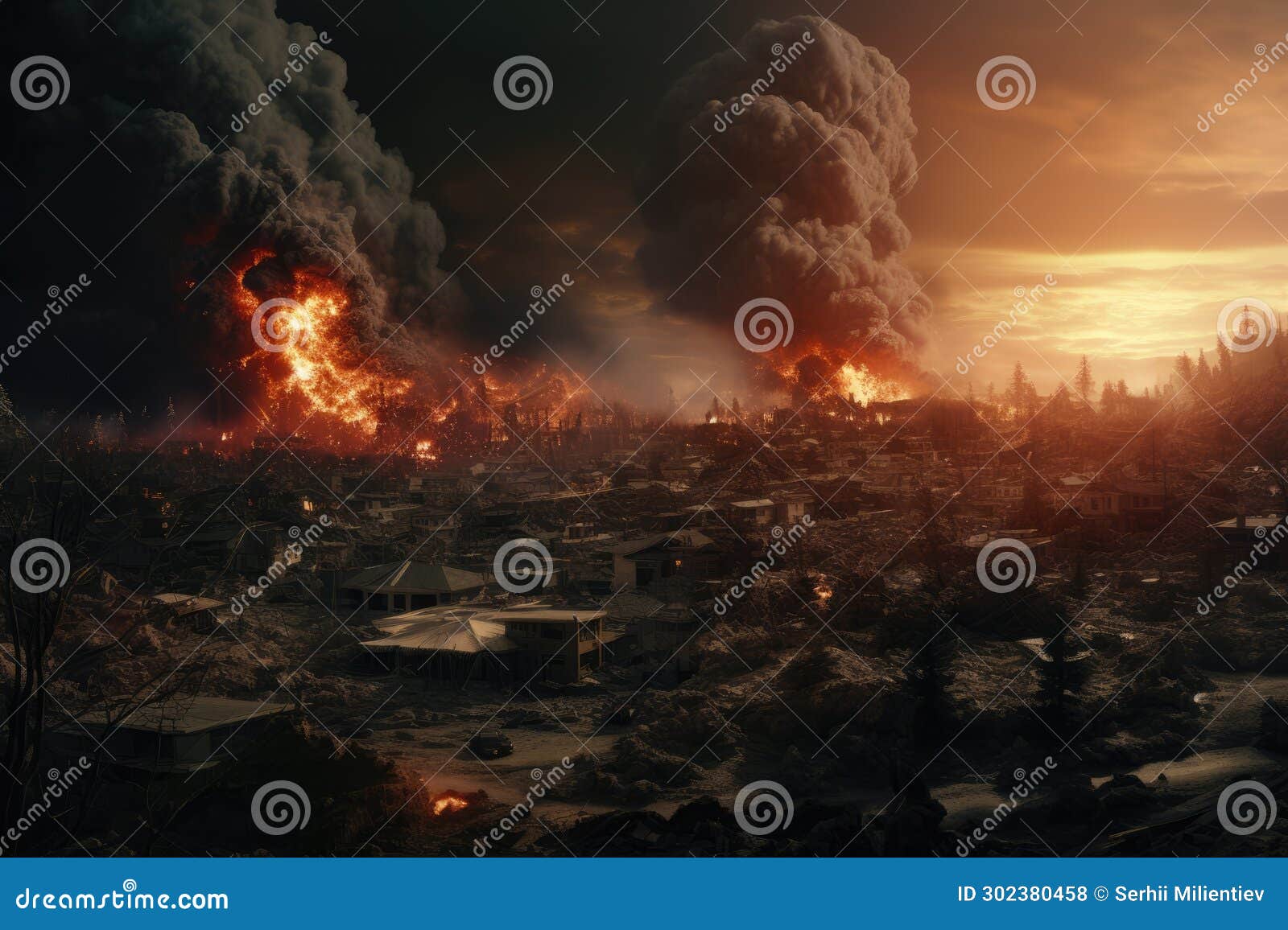 War Scene. Explosions in the City. Apocalypse. Dark Age. Fire and ...