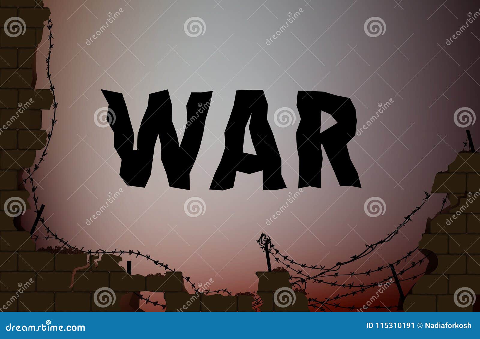 War Text on the Background with Broken Brick Wall and Barbed Wire ...