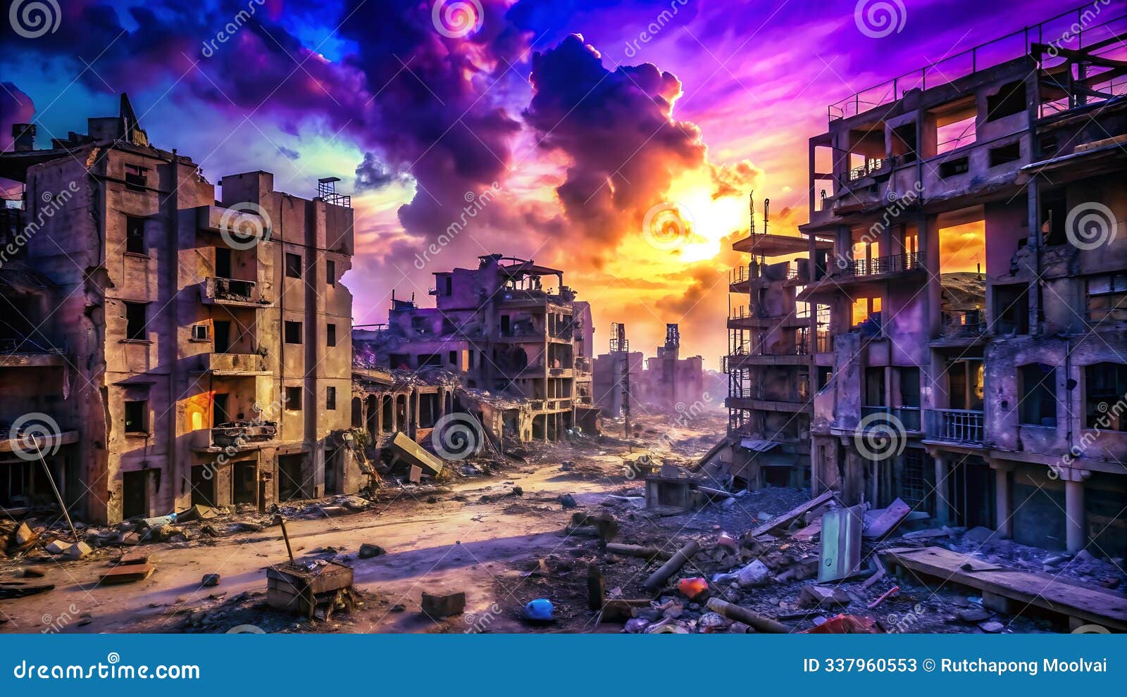 War-Torn Cityscape at Sunset - a Surreal Scene of Destruction Stock ...