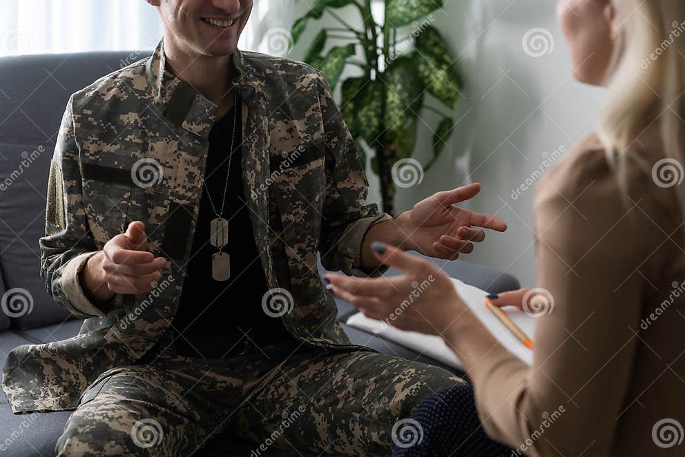 War Veteran Talking about Problems during Therapy Stock Photo - Image ...