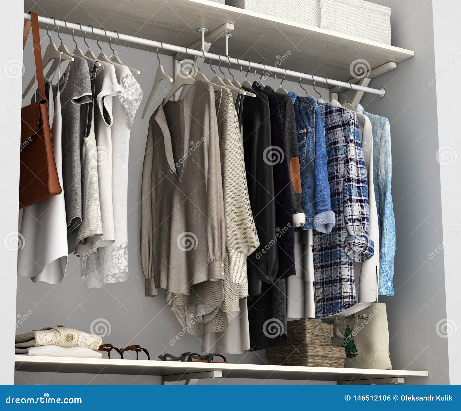 Wardrobe Built-in Wall with Clothes 3d Render Stock Illustration ...