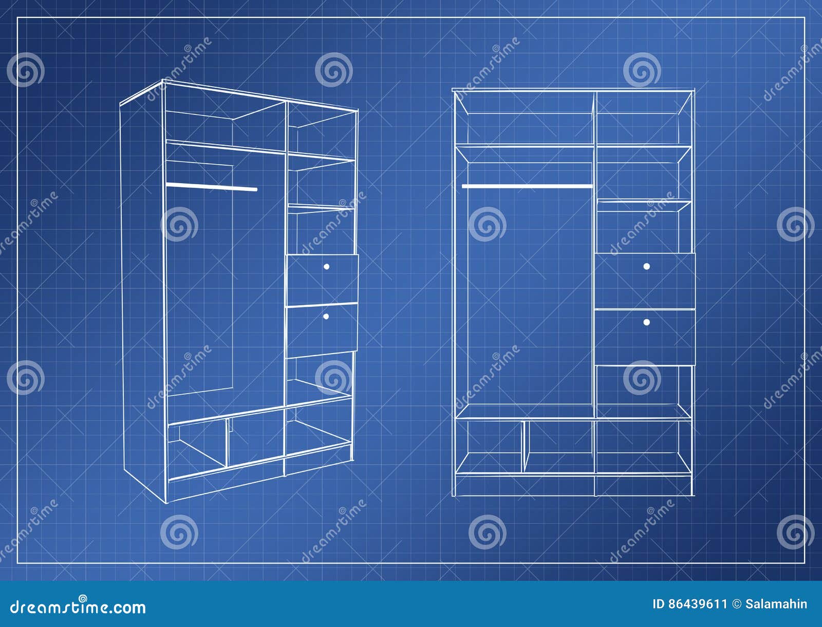 Wardrobe on Paper Blueprint, 3D Rendering Stock Illustration ...