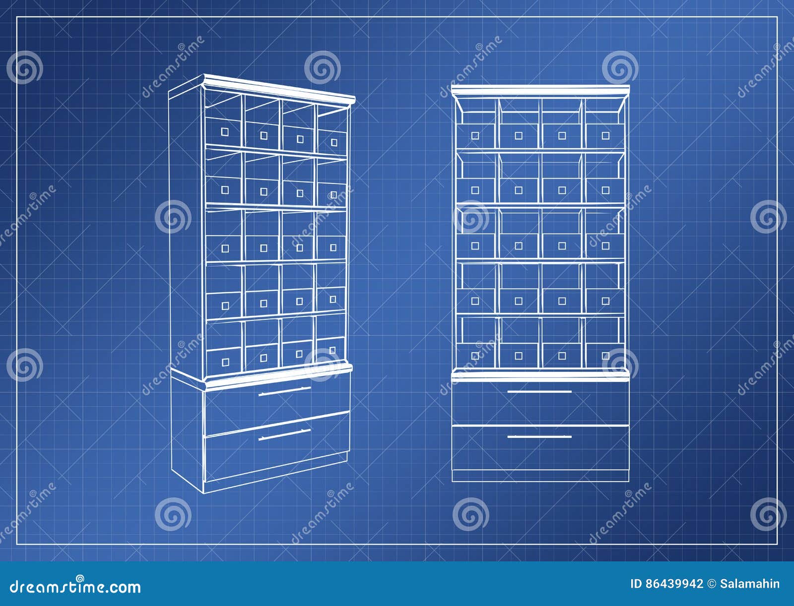 Wardrobe on Paper Blueprint, 3D Rendering Stock Illustration ...