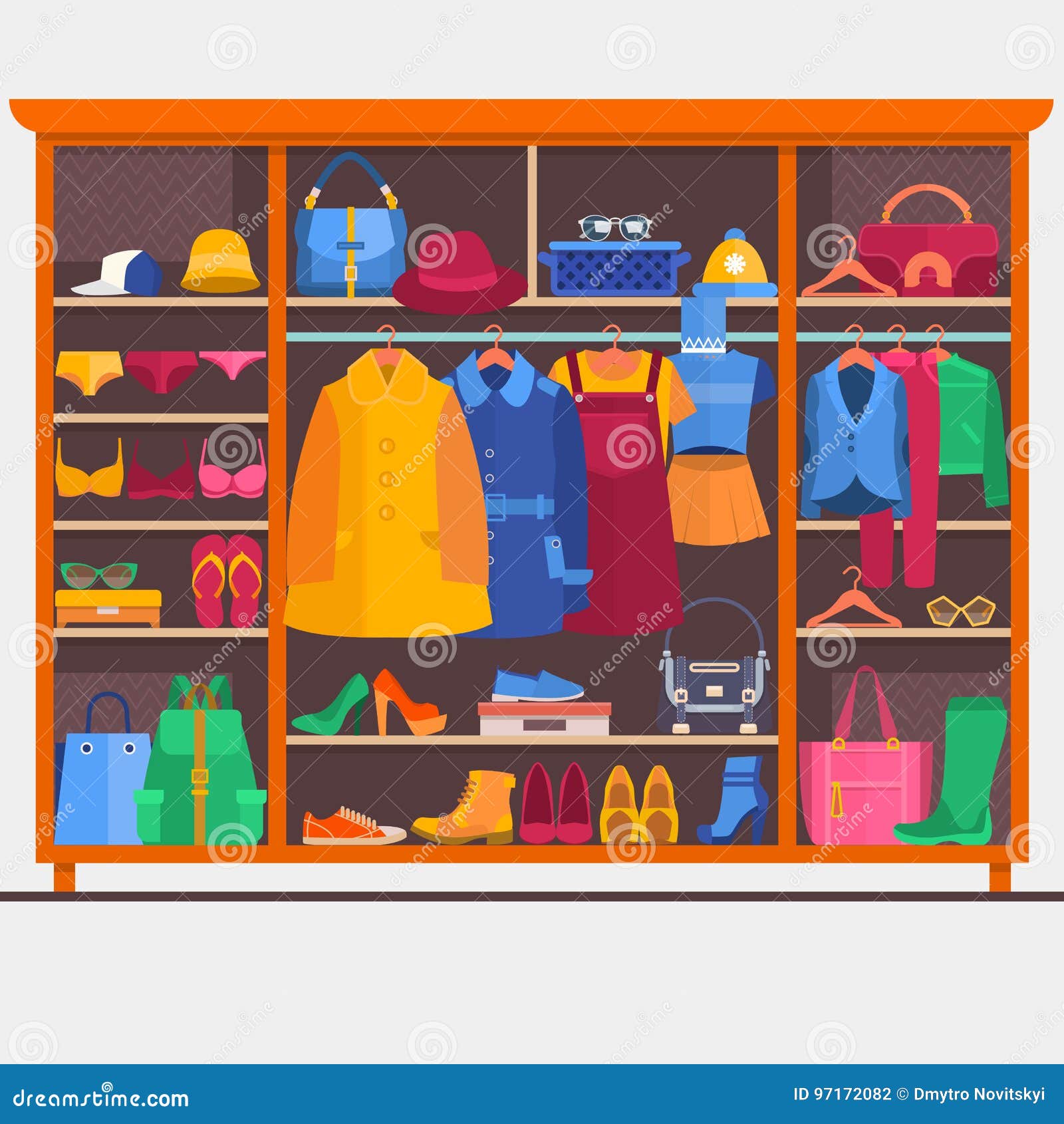 Wardrobe Room Full Of Woman S Cloths Vector Illustration Stock Vector