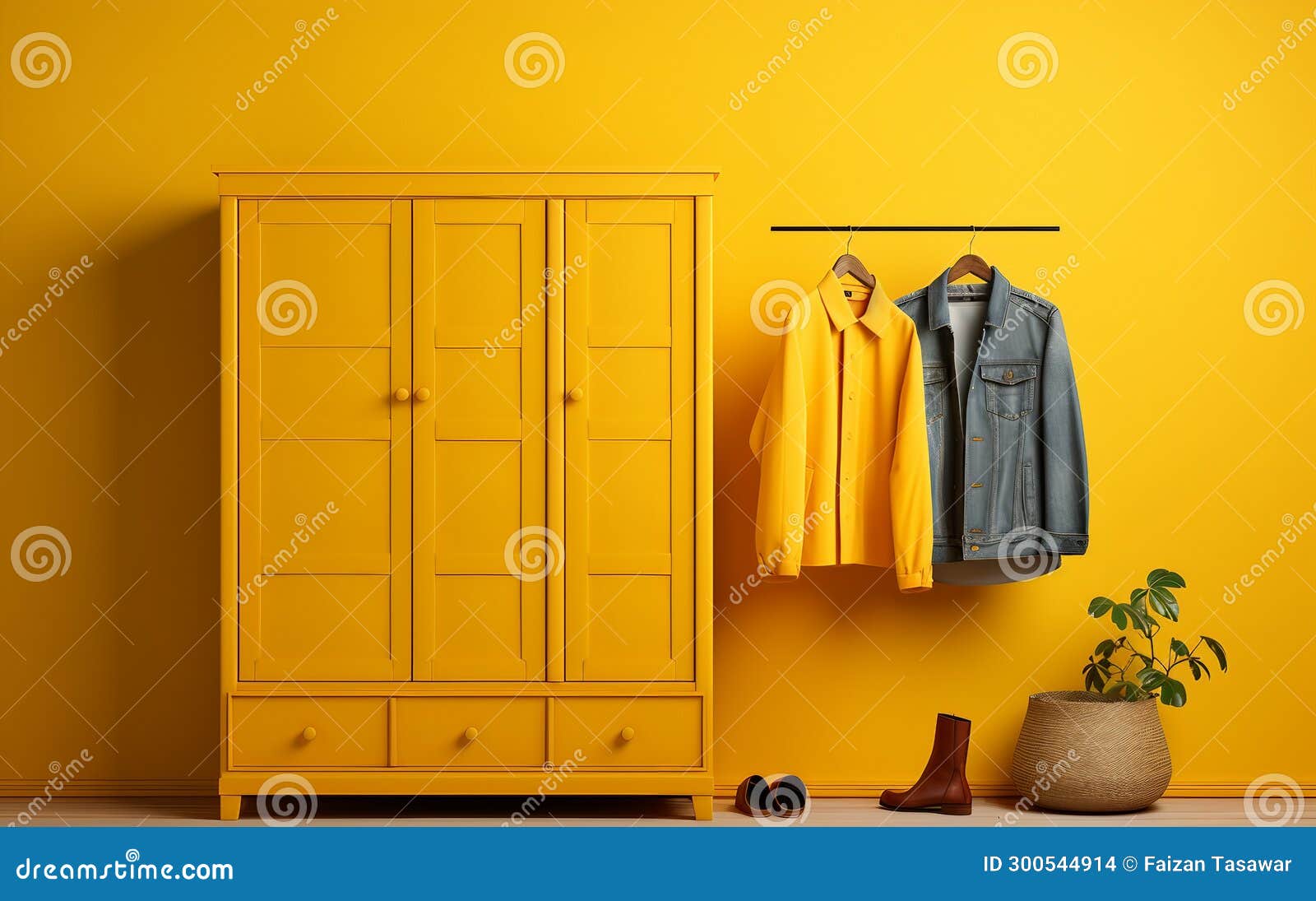 Wardrobe Wall Yellow Background -Generative Ai Stock Illustration ...