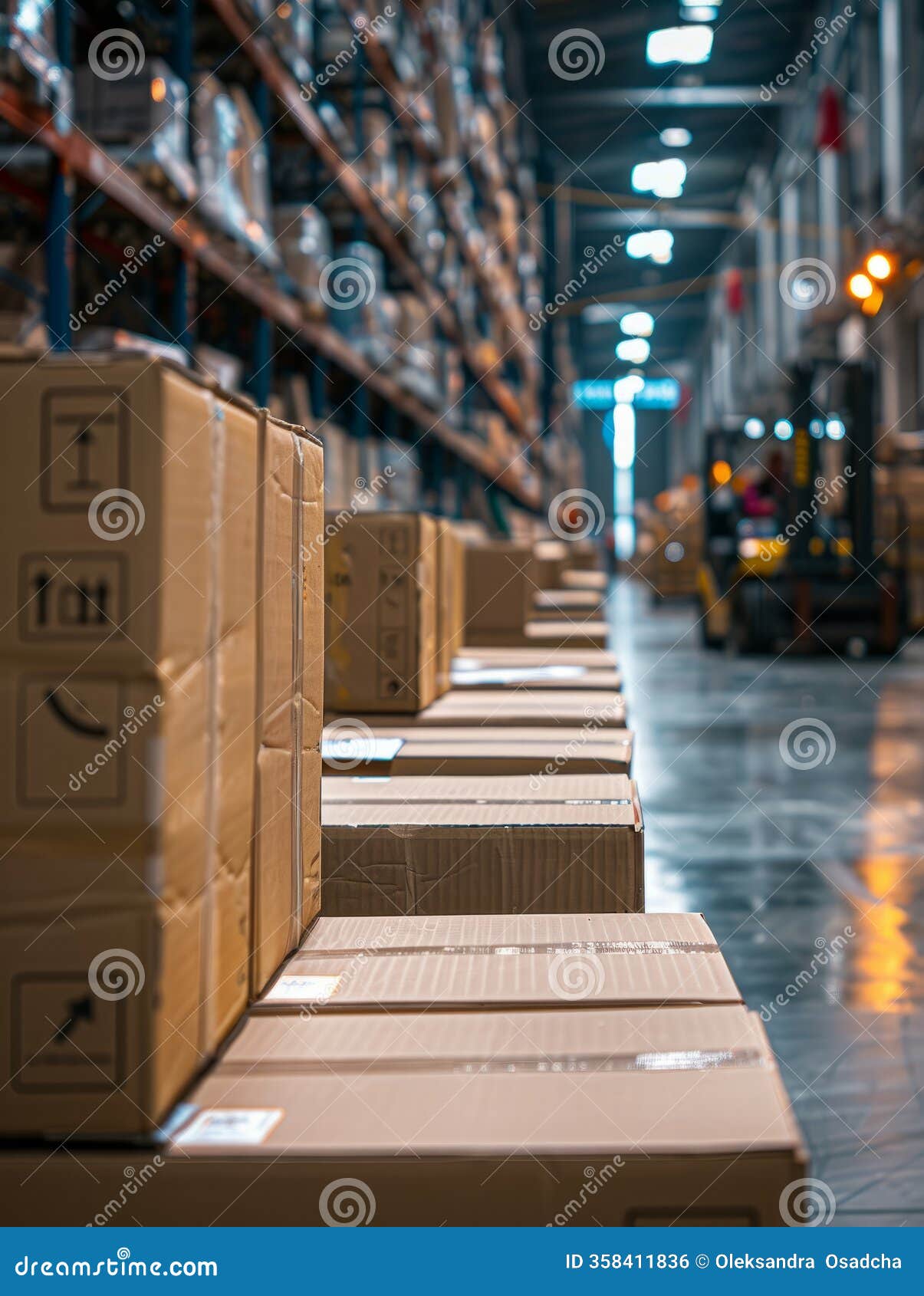 A Warehouse Aisle Filled with Stacked Cardboard Boxes. Stock Photo ...